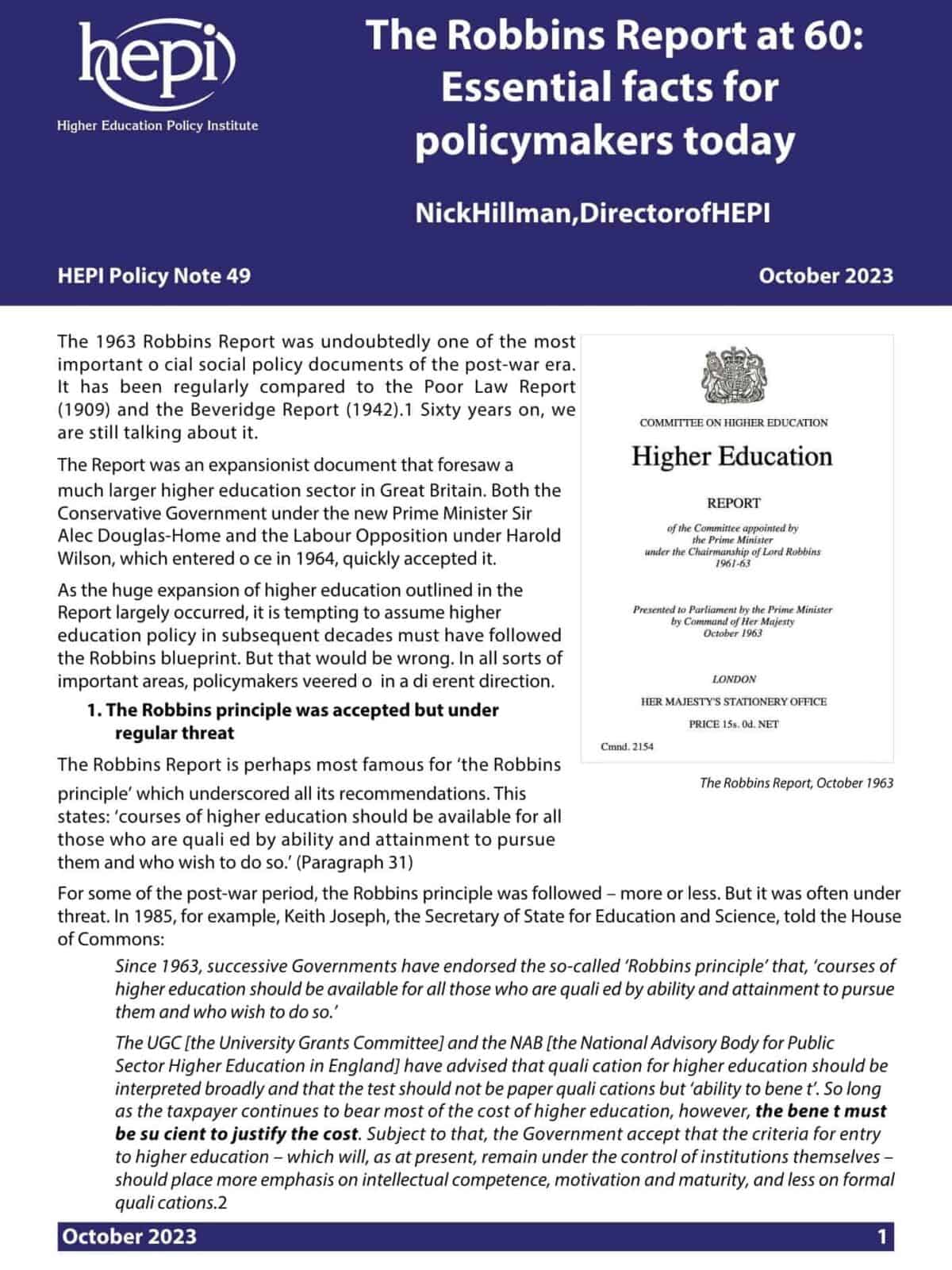 The Robbins Report at 60: Essential facts for policymakers today - HEPI