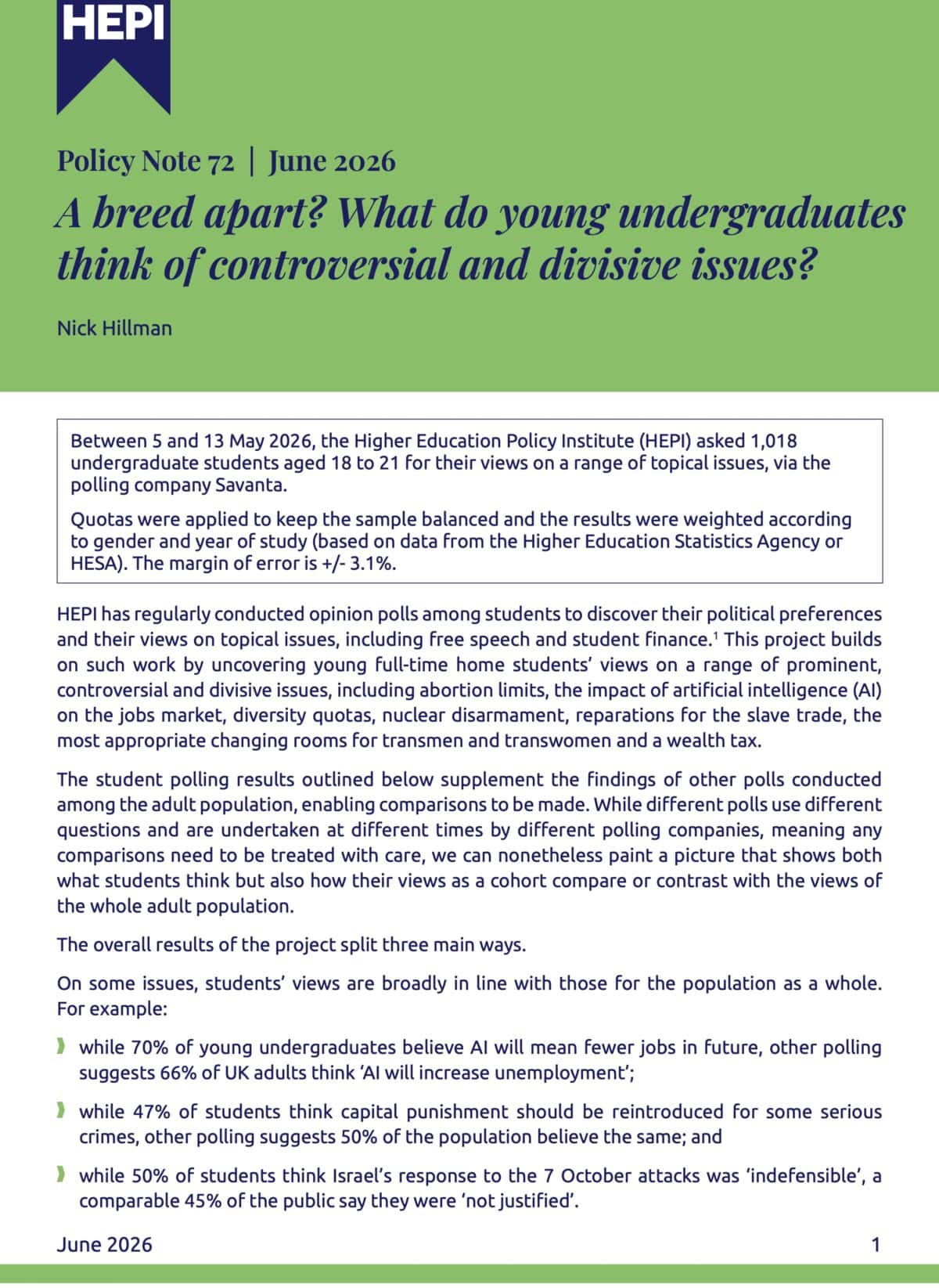 New HEPI Policy Note 'A breed apart? What do young undergraduates think ...